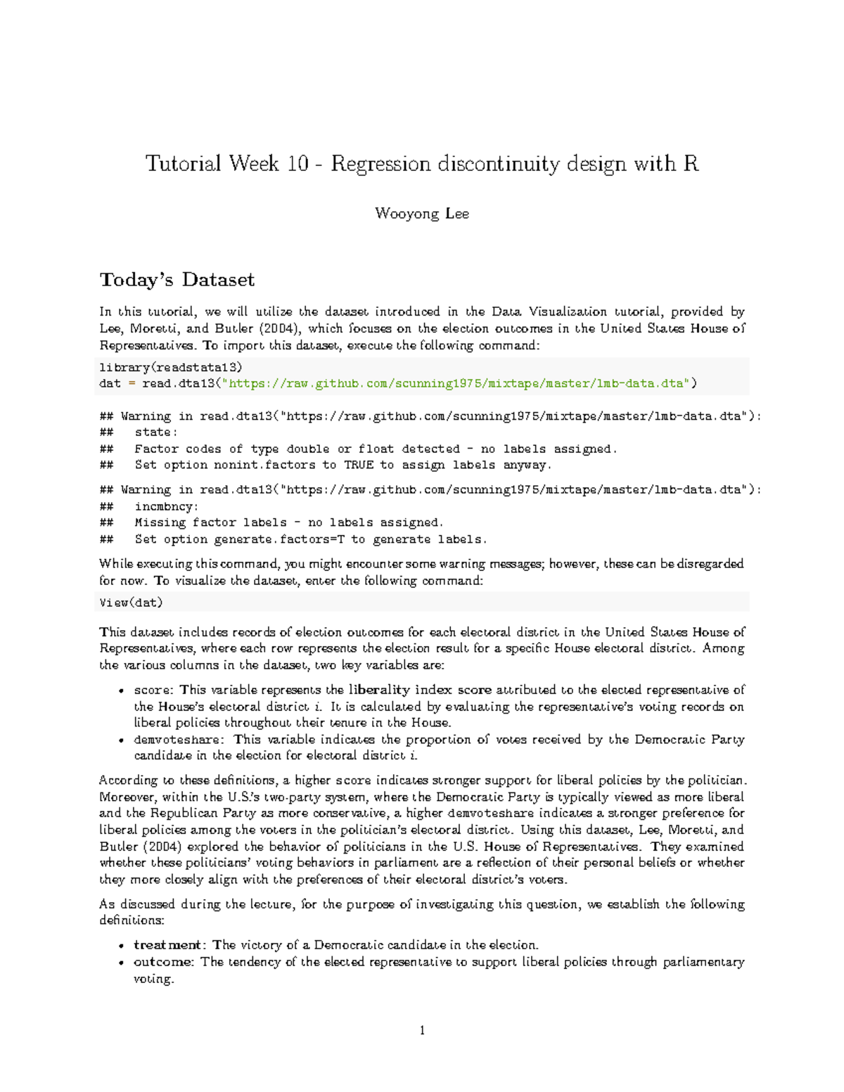 Tutorial Week 10 - Regression Discontinuity Design with R - Studocu