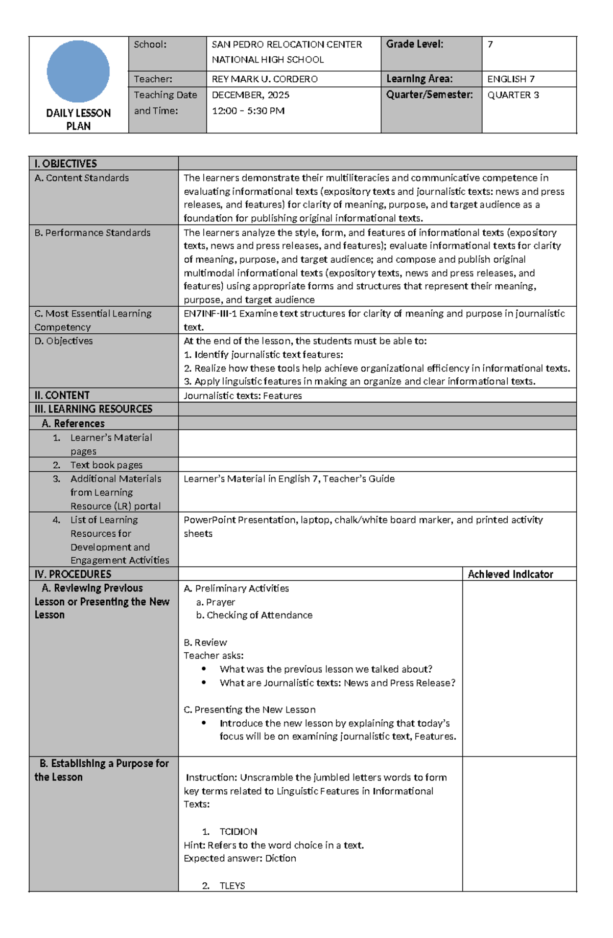 Daily Lesson Plan: English 7 - Quarter 3 (Dec 2025) - Studocu