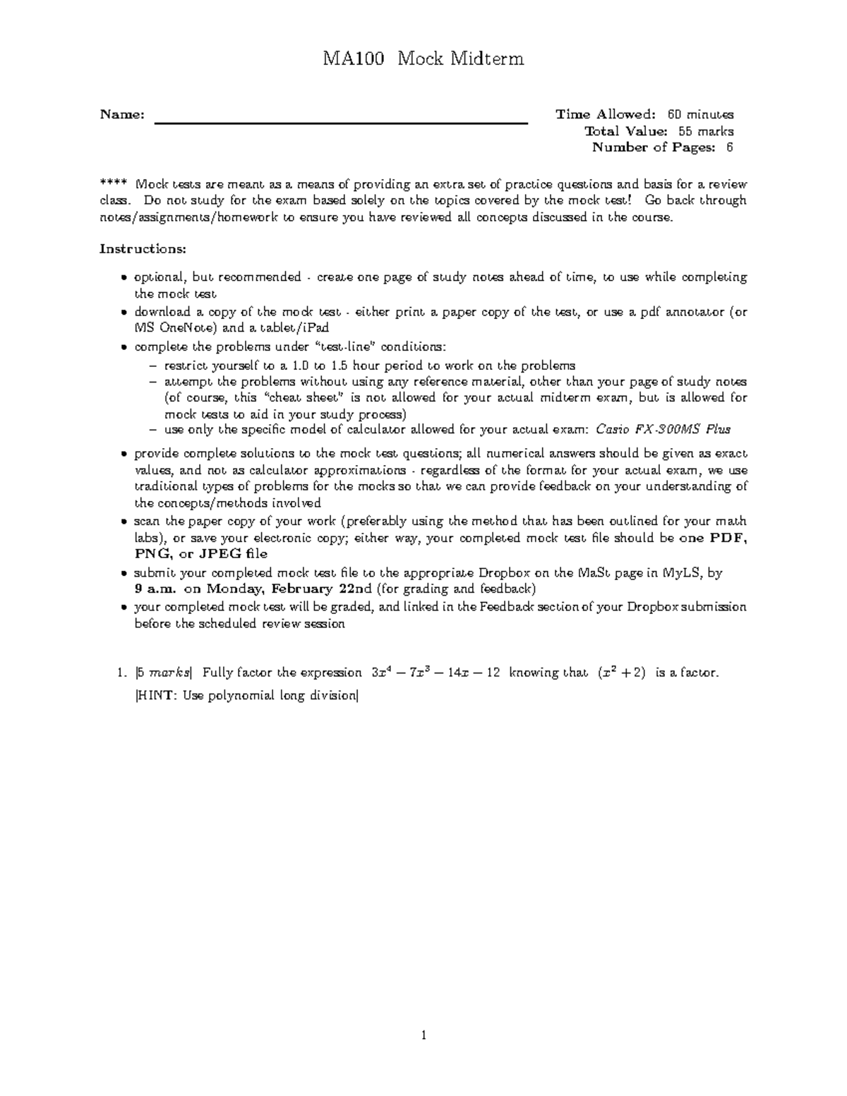 MA100 - Mock Midterm - MA100 Mock Midterm Name: Time Allowed: 60 ...