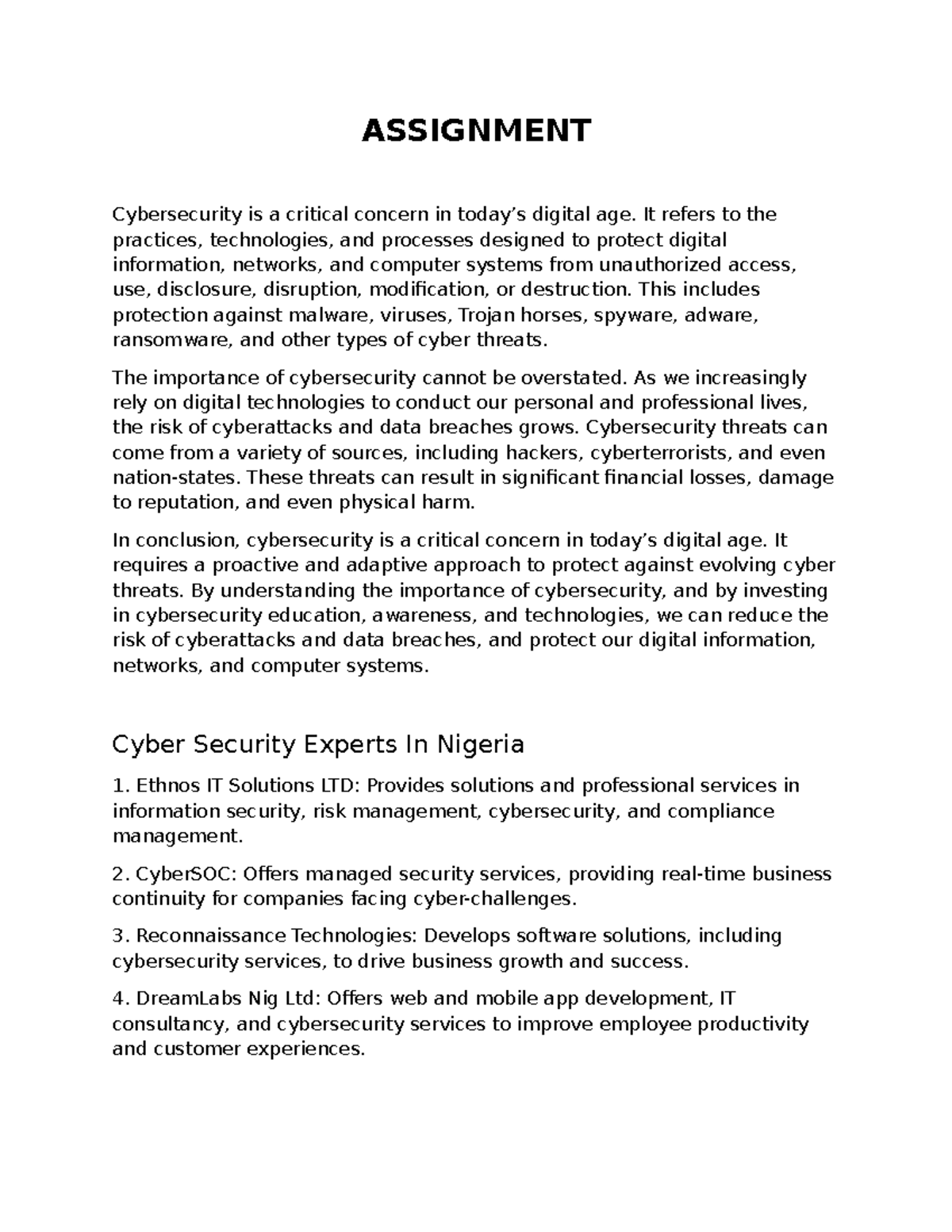 What is cyber security, assignment - ASSIGNMENT Cybersecurity is a ...