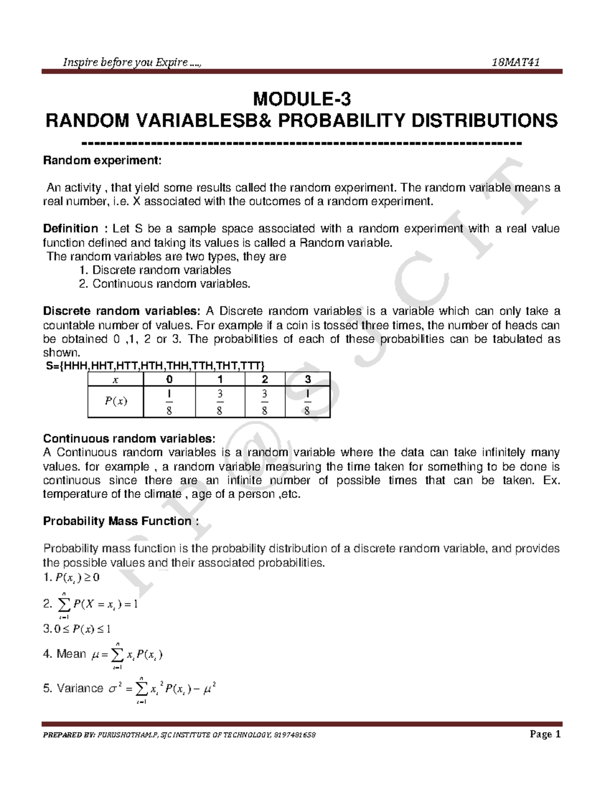 18MAT41 Probability Distributions: Random Variables & Experiments - Studocu