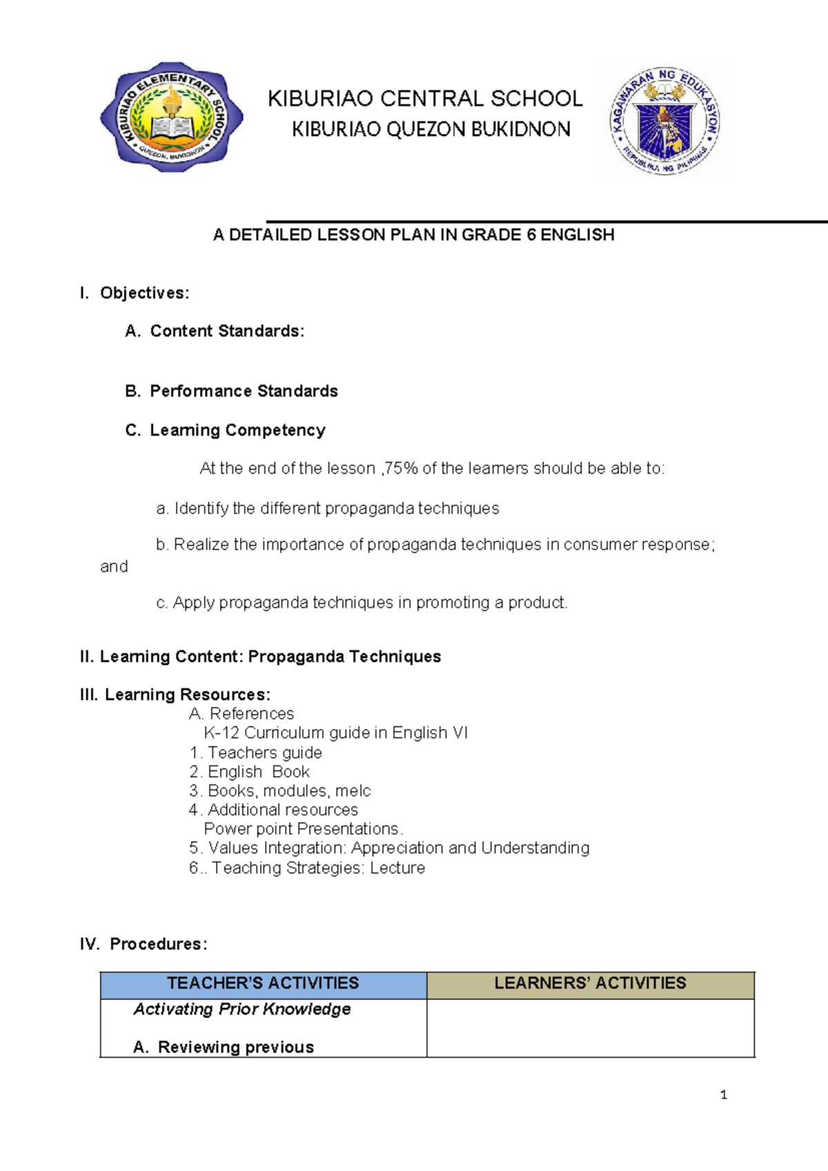 DLP ENG 6 - ENGLISH 6 FACTS - A DETAILED LESSON PLAN IN GRADE 6 ENGLISH ...