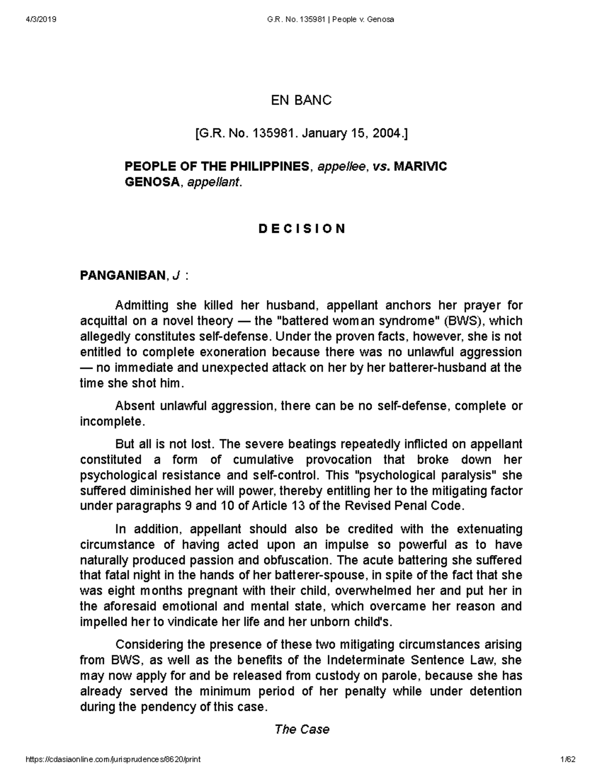 People v. Genosa - January 15, 2004 Decision on Battered Woman Syndrome ...