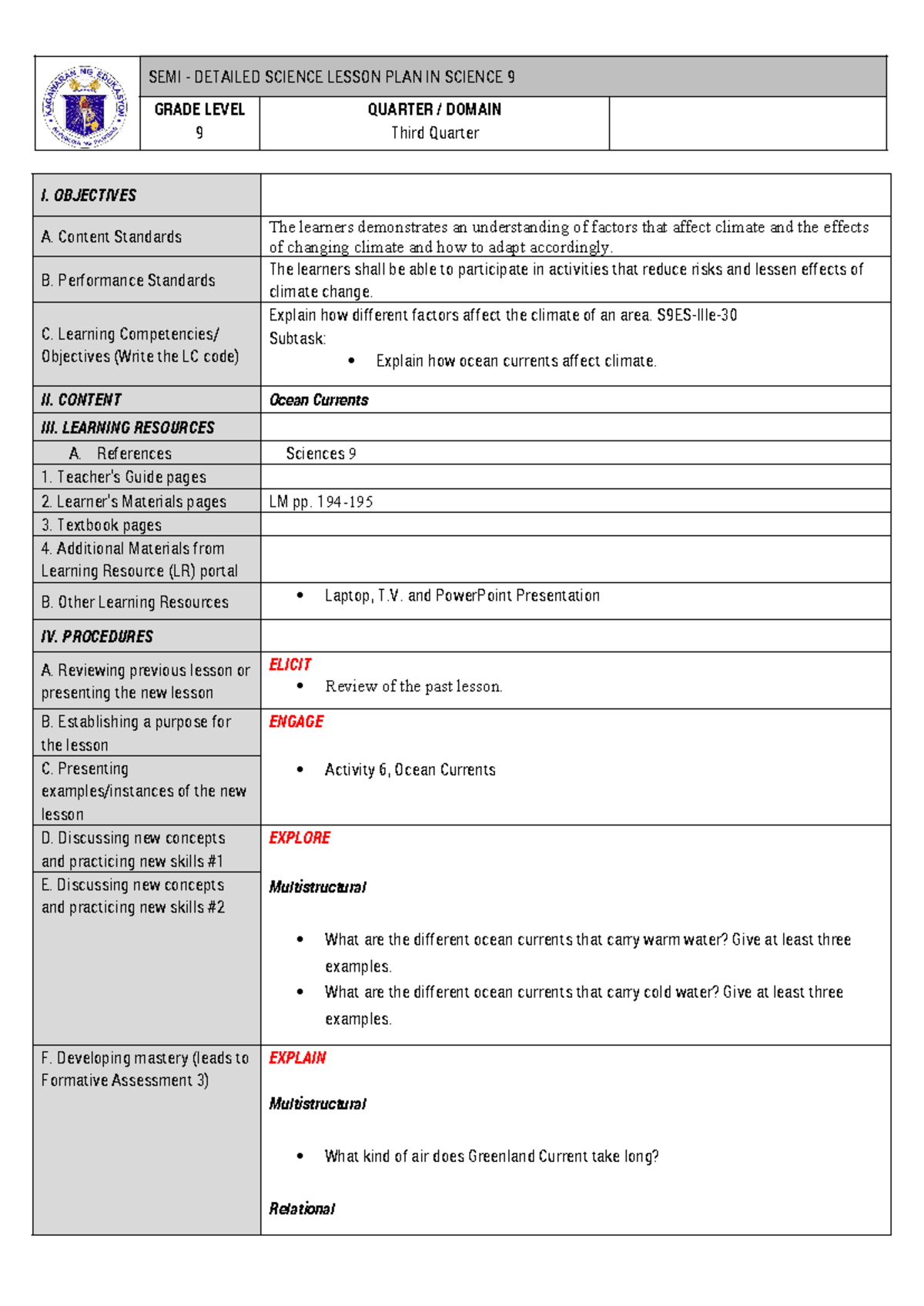Science 9 Lesson Plan: Understanding Ocean Currents and Climate - Studocu