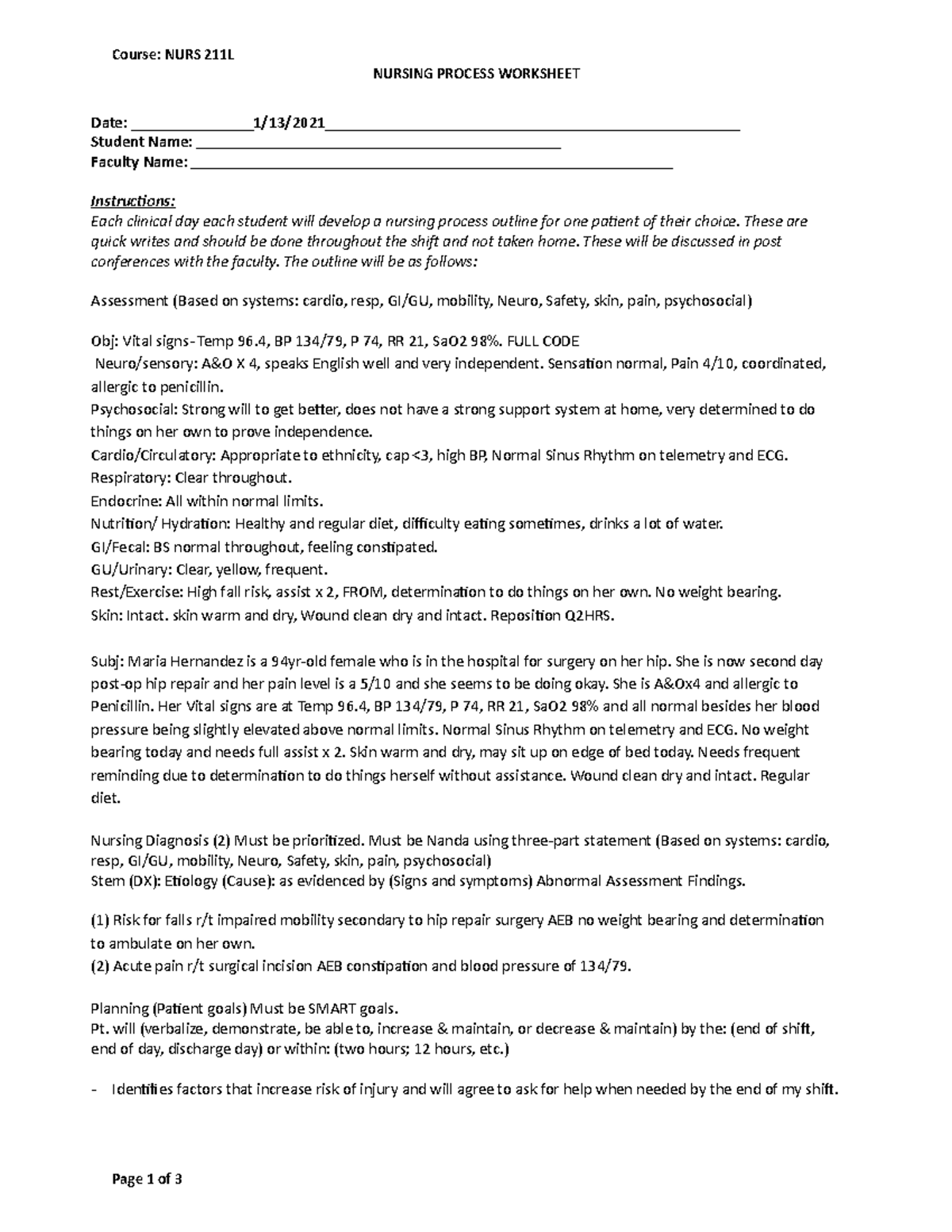 NURS Process WS 211 1 - Course: NURS 211L NURSING PROCESS WORKSHEET ...