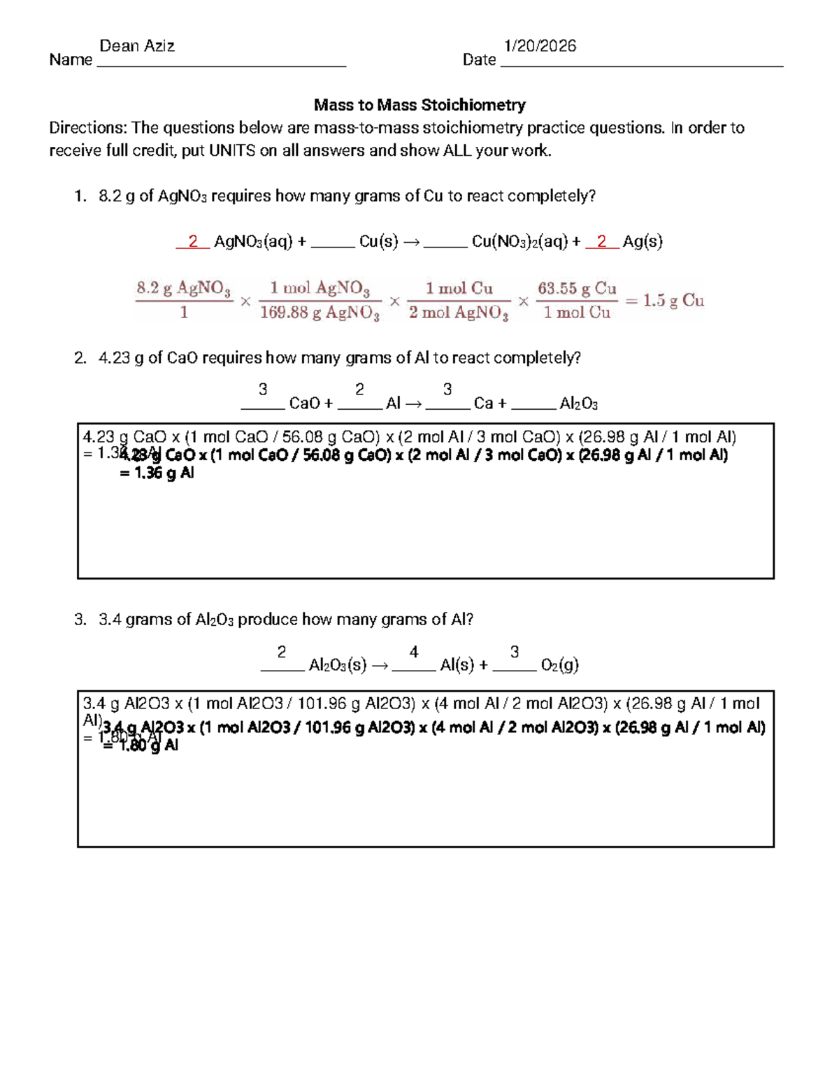 Mass-to-Mass Stoichiometry Practice Problems (Chem 101) - Studocu