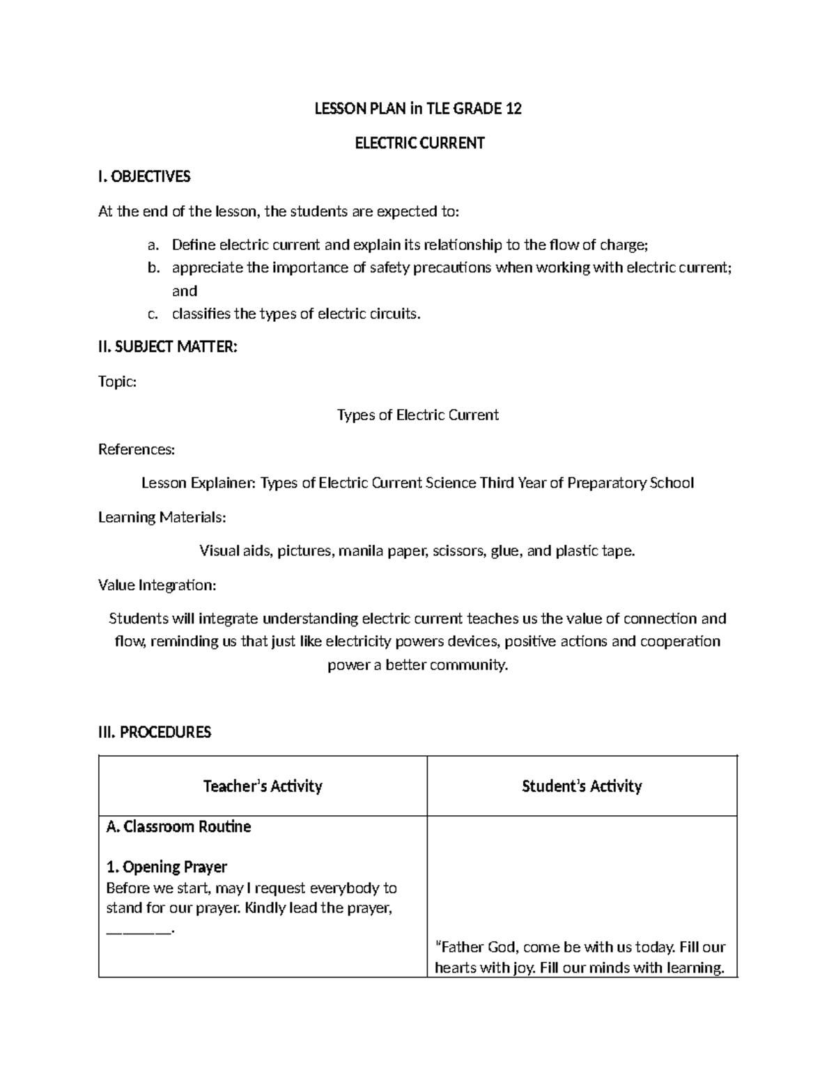 LESSON PLAN: Electric Current in TLE GRADE 12 - Studocu