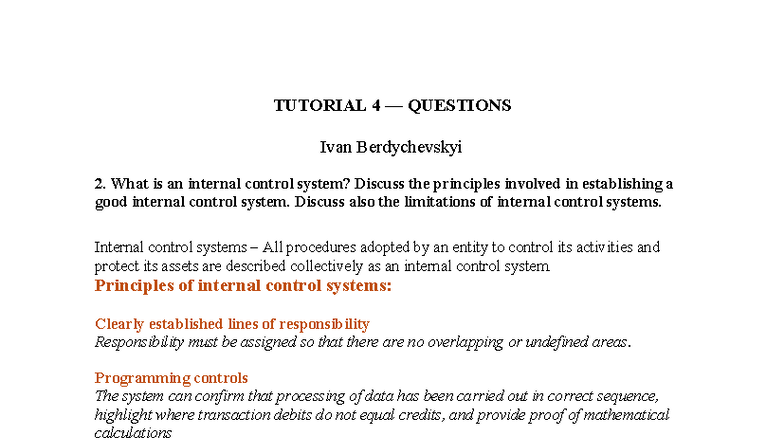 Tutorial 4 Answers: Internal Control Systems & GST Implications - Studocu