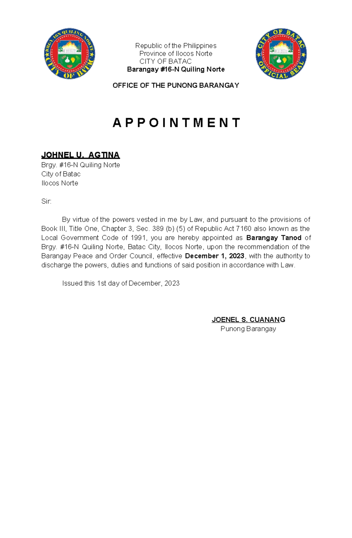 Barangay Tanod Appointment Letters - Brgy. #16-N Quiling Norte - Studocu