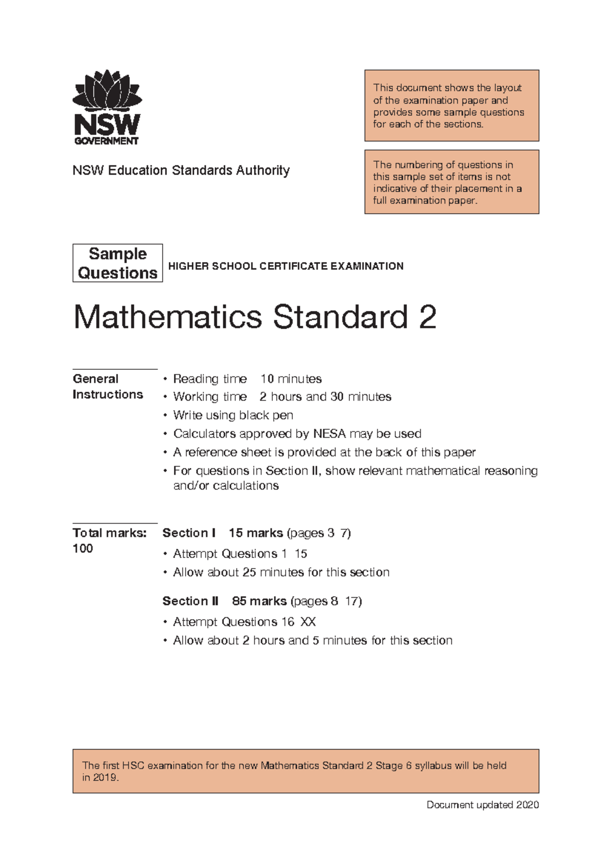 Maths Standard 2 Test w:Answers - Reading time – 10 minutes Working ...