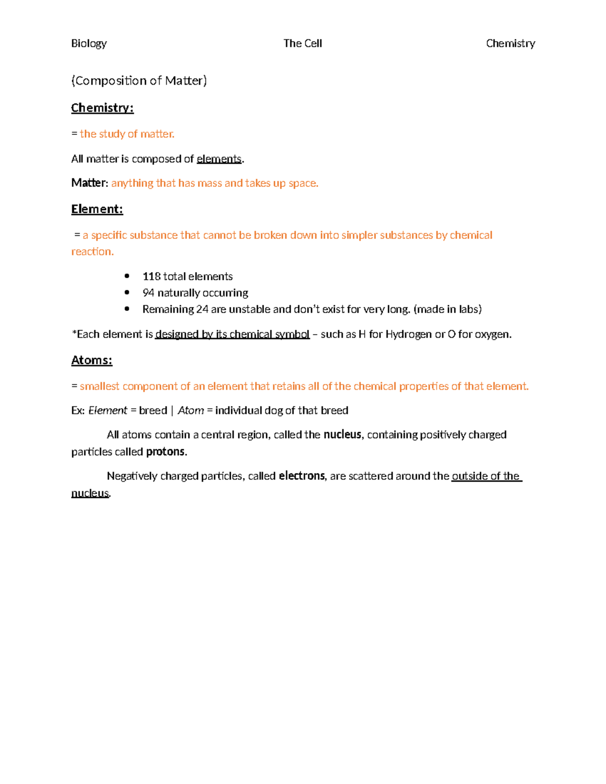 Biology 101: Chemistry of the Cell and Matter Composition Notes - Studocu