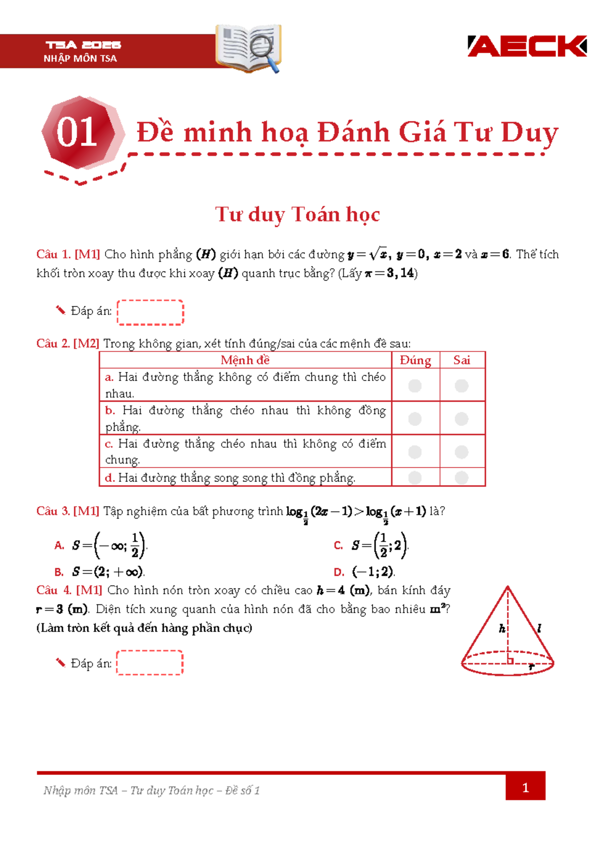 AECK TSA 2026 NHẬP MÔN TSA Đề Minh Họa Đánh Giá Tư Duy Toán Học - Studocu