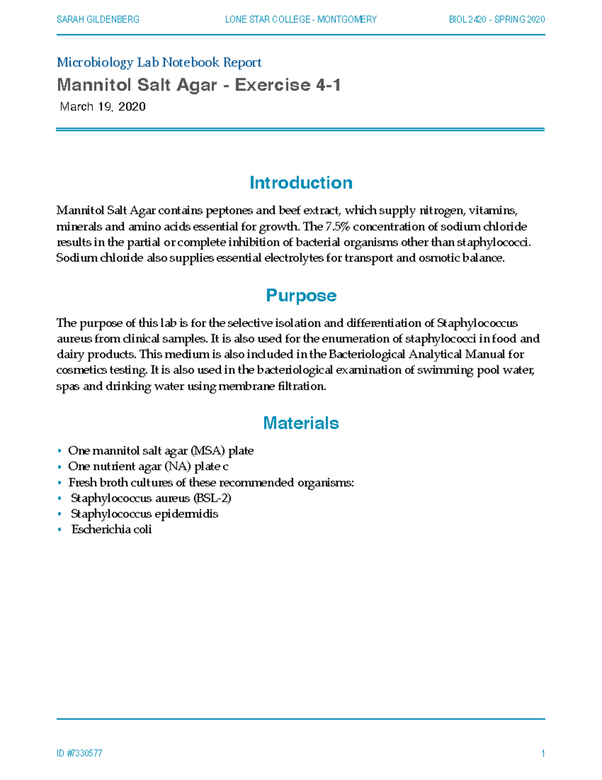 Mannitol Salt Agar Lab Report (BIOL 2420) - Spring 2020 - Studocu