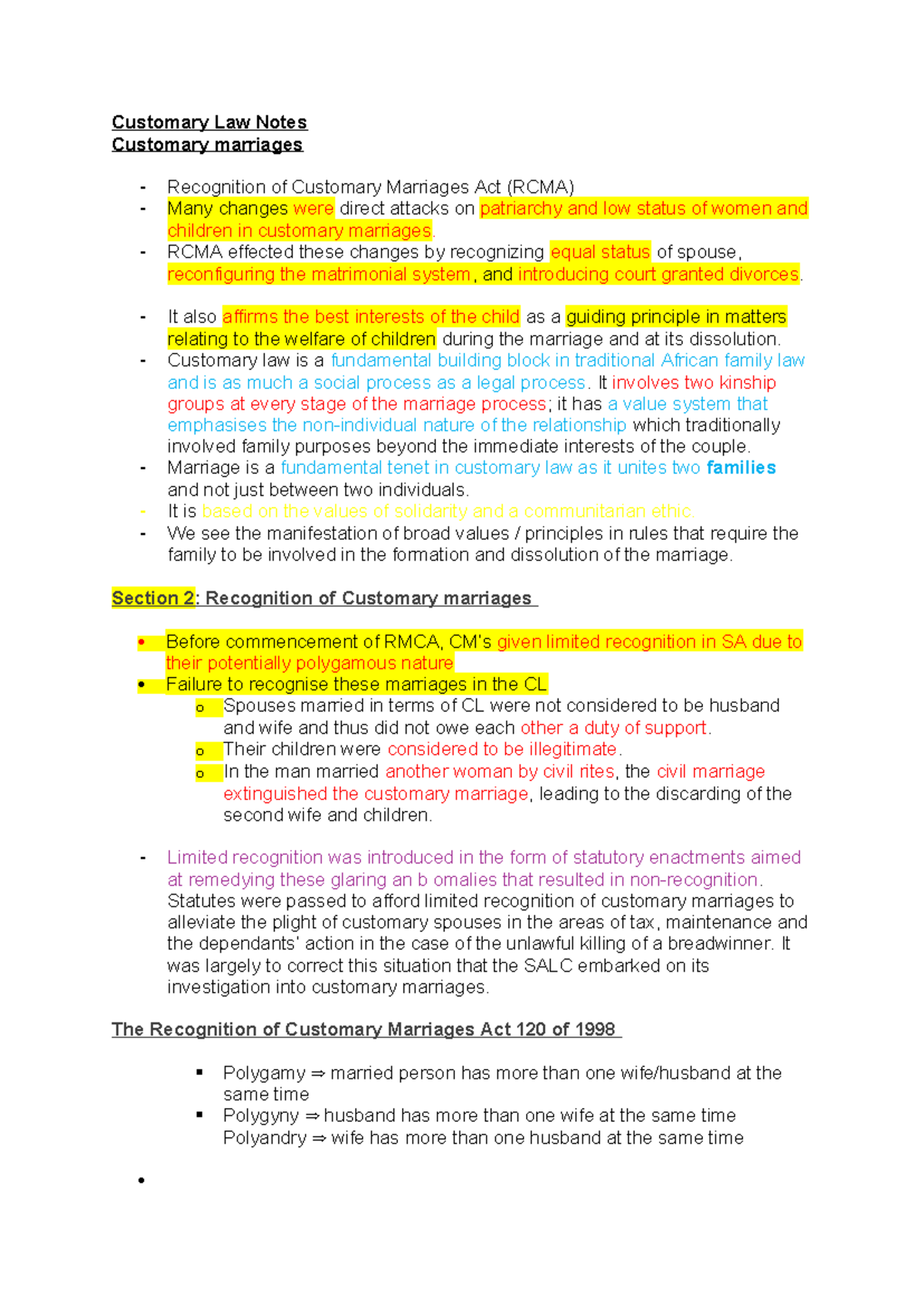 Customary Law Notes For 2nd lecturer - Customary Law Notes Customary ...