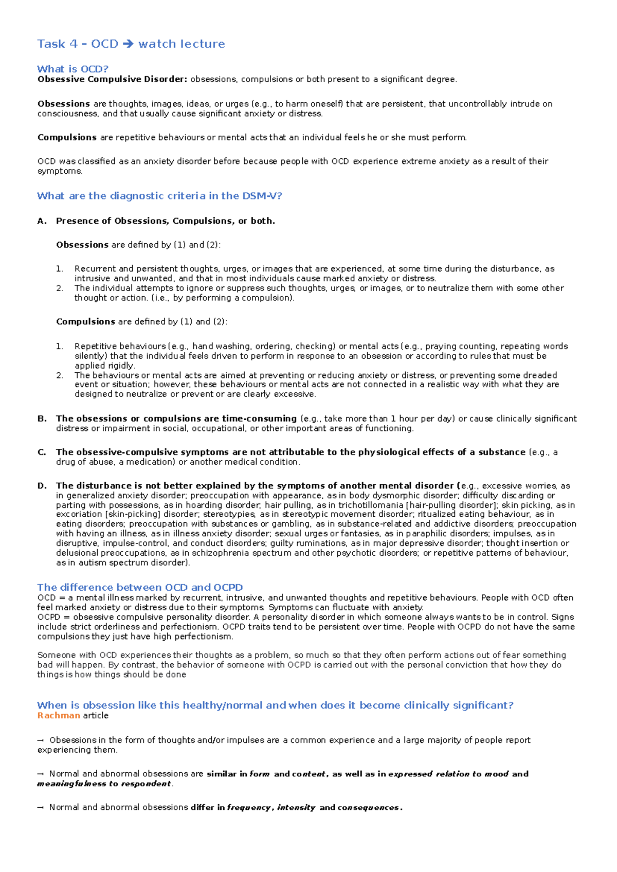 Task 4 - Lecture Notes on Obsessive Compulsive Disorder (OCD) - Studeersnel