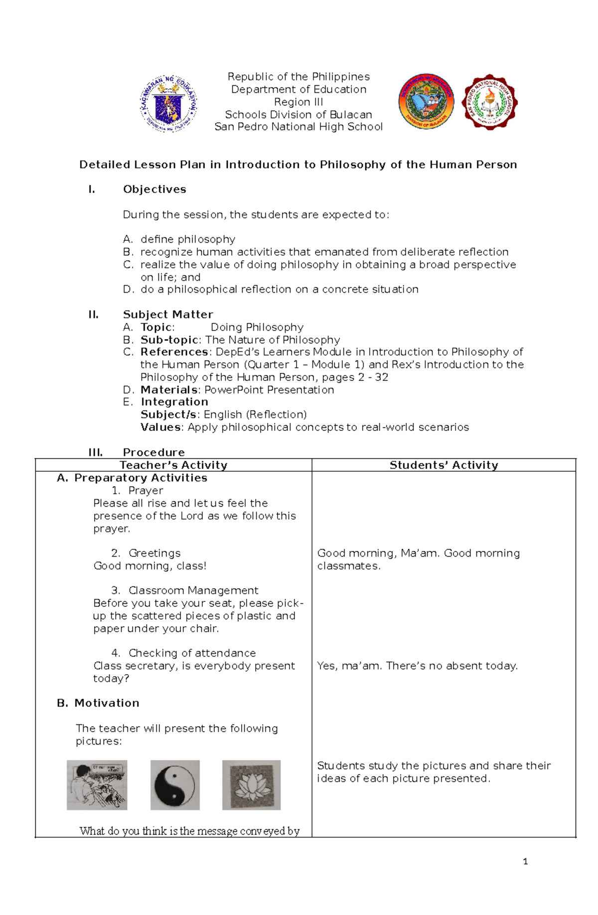 Detailed Lesson Plan (DLP) - Doing Philosophy (Nature of Philosophy ...