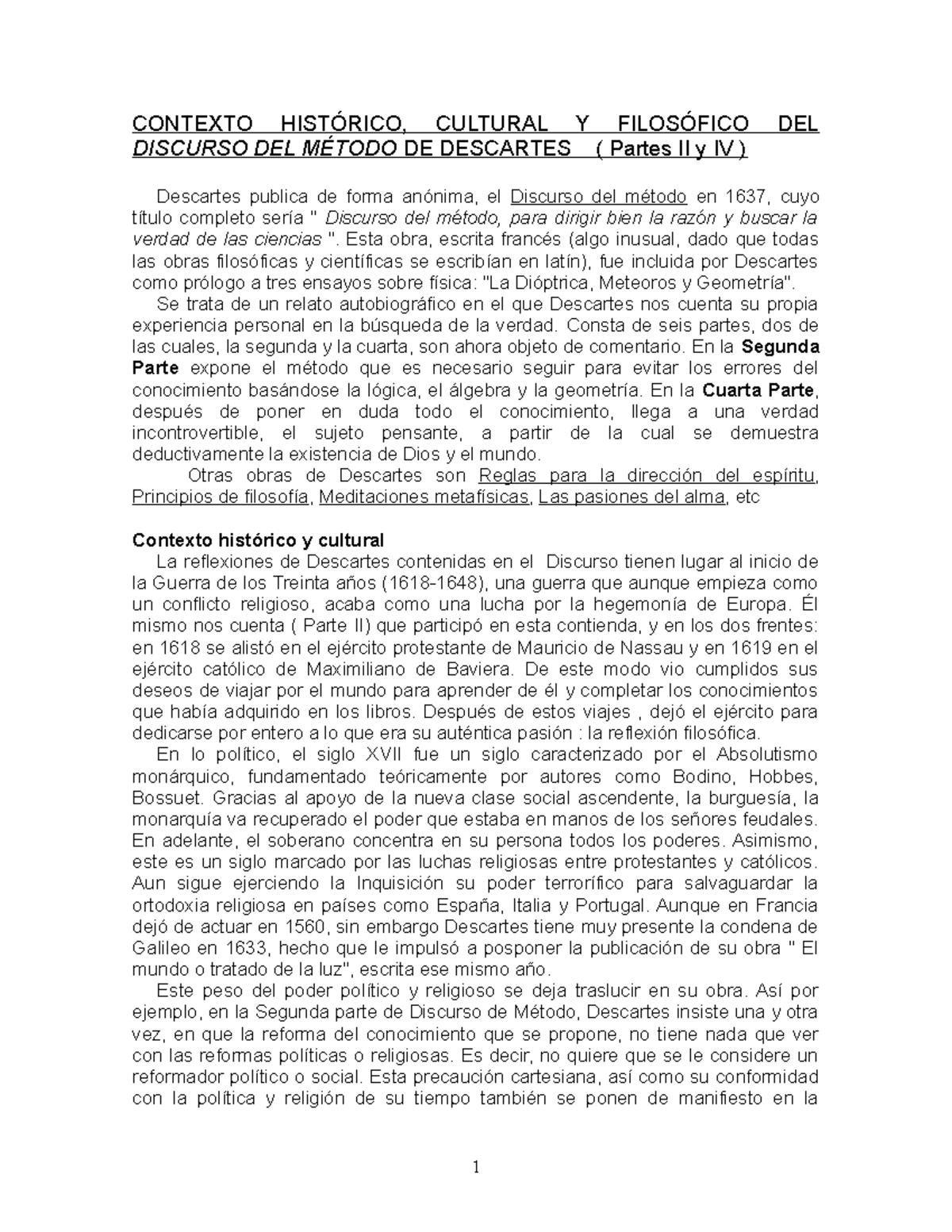 Contexto Filosofico DE Descartes - CONTEXTO HISTÓRICO, CULTURAL Y ...