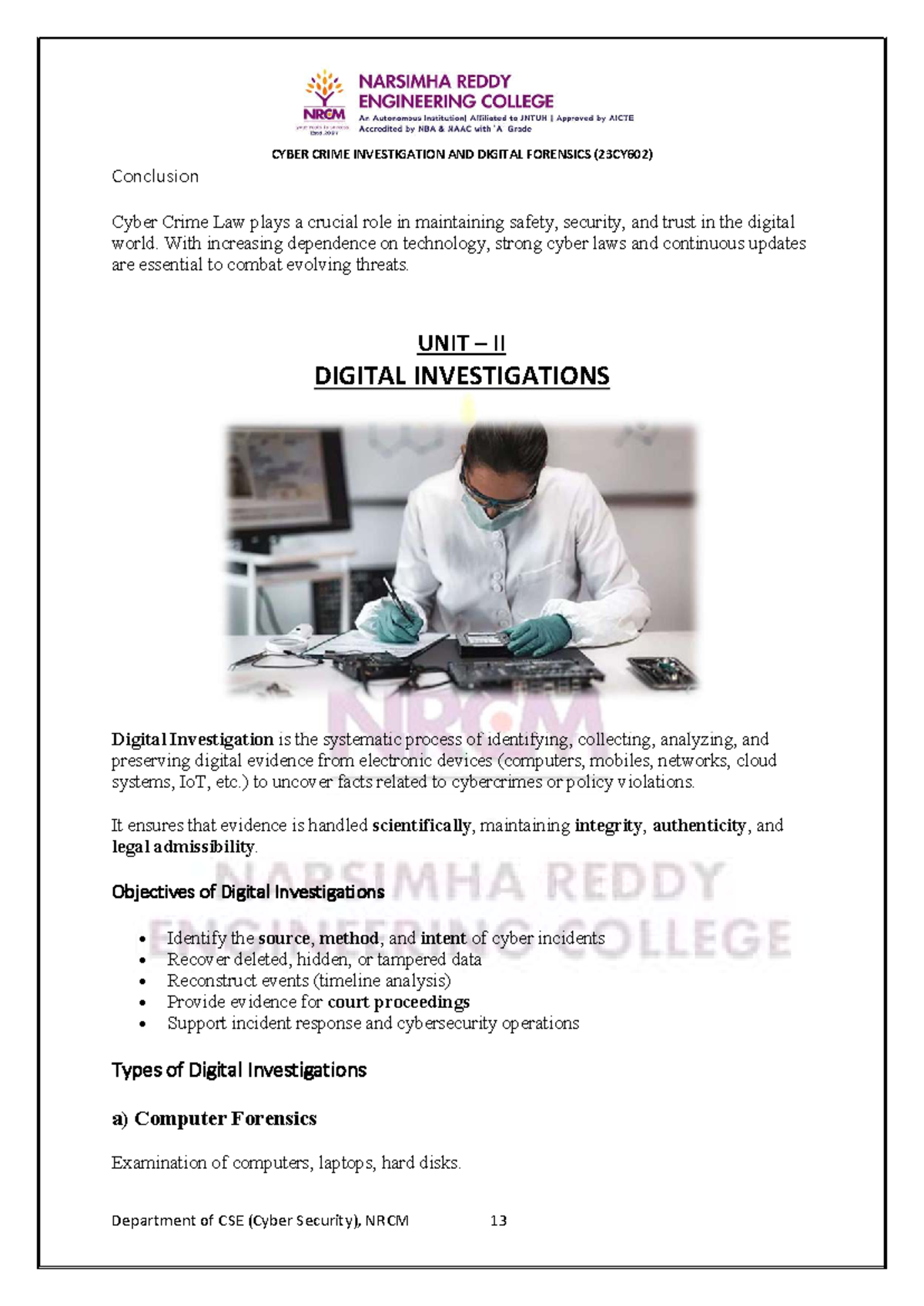 CYBER CRIME INVESTIGATION AND DIGITAL FORENSICS (23CY602) Unit II Notes ...
