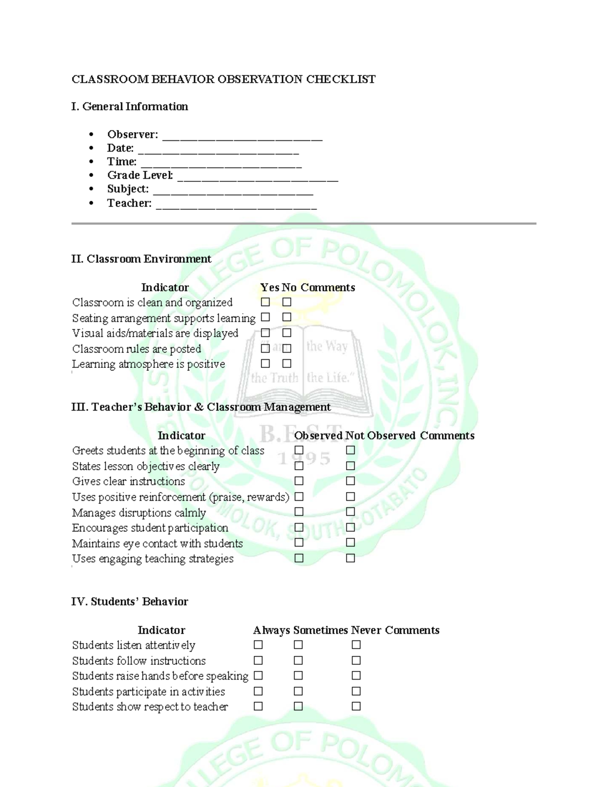 Classroom Behavior Observation Checklist: Effective Teaching Strategies ...