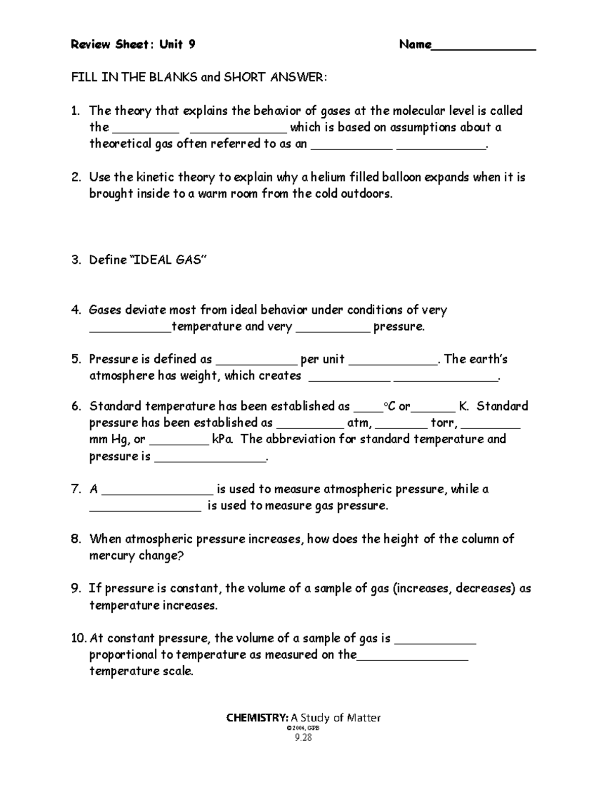 Chemistry Unit 9 Final Exam Review: Gas Laws & Properties - Studocu