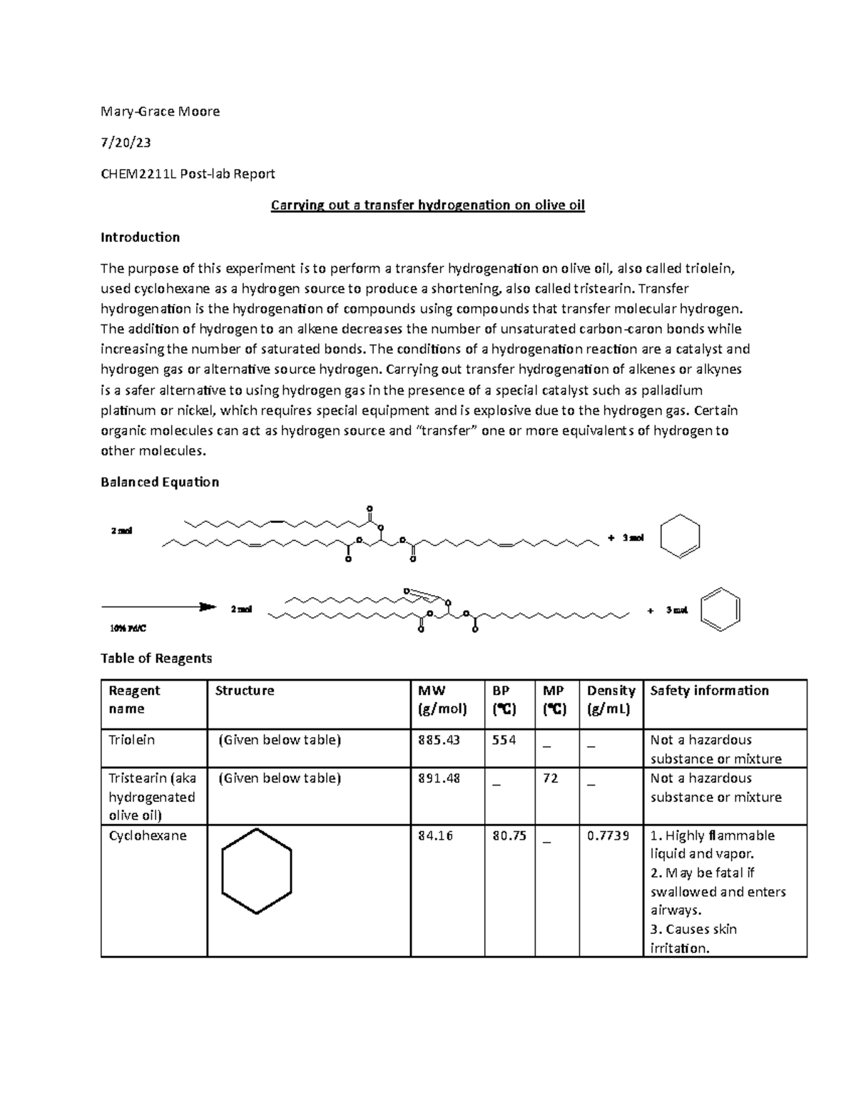 CHEM2211L Su23 Experiment #7 Olive Oil Post-Lab Report - Mary-Grace ...