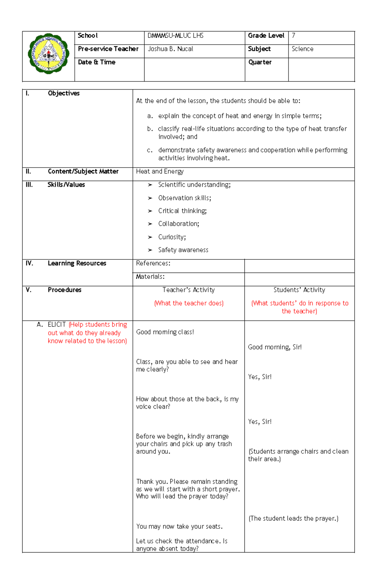 DLP Science 7: Heat and Energy Lesson Plan by Joshua B. Nucal - Studocu