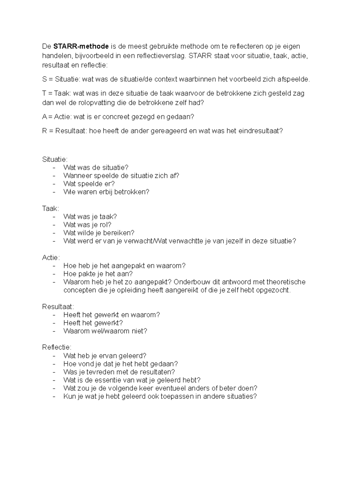 STARR Reflectiemethode: Inzicht in Situatie, Taak, Actie & Resultaat - Studeersnel