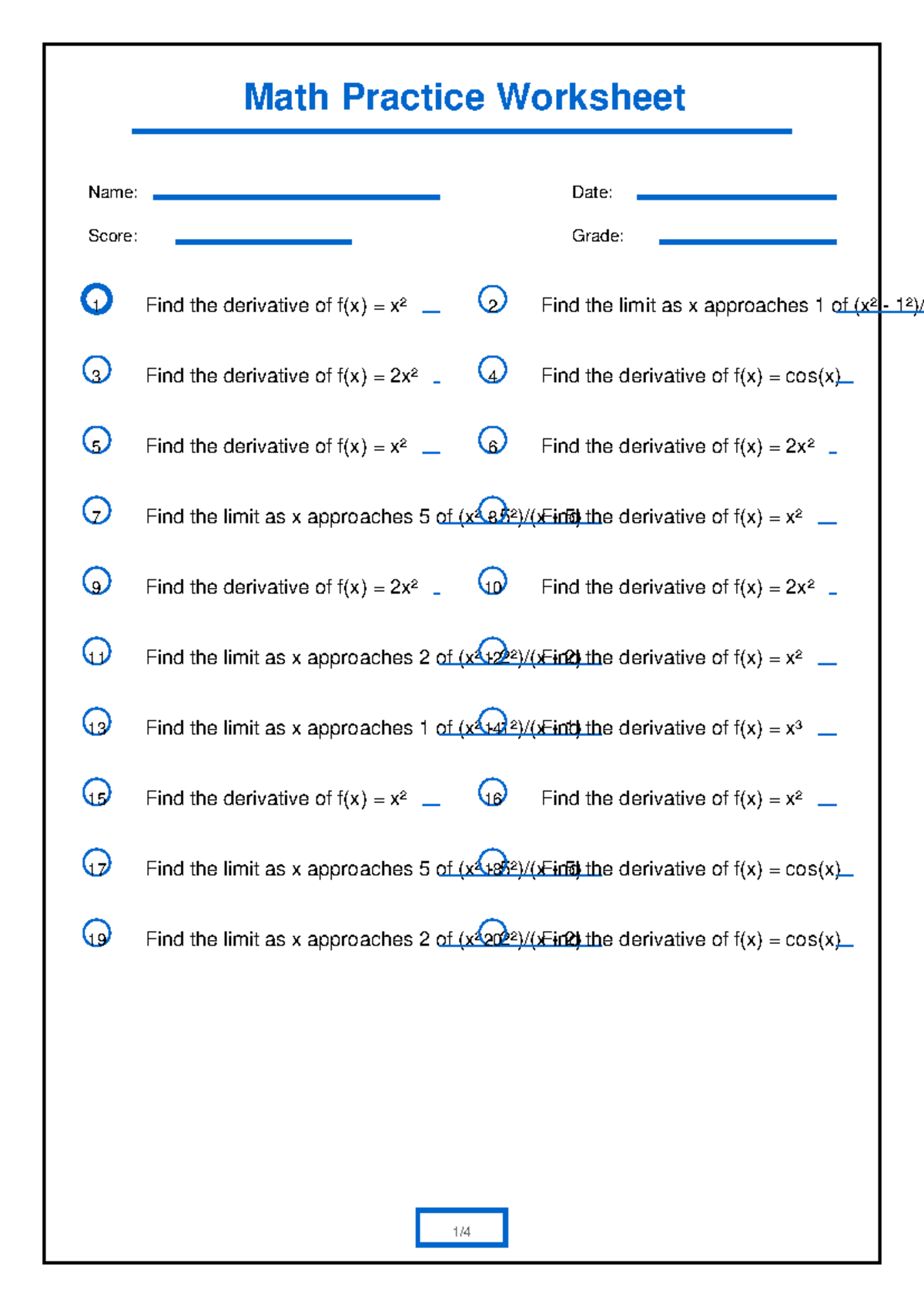 Math Practice Worksheet 2: Derivatives & Limits - Studocu