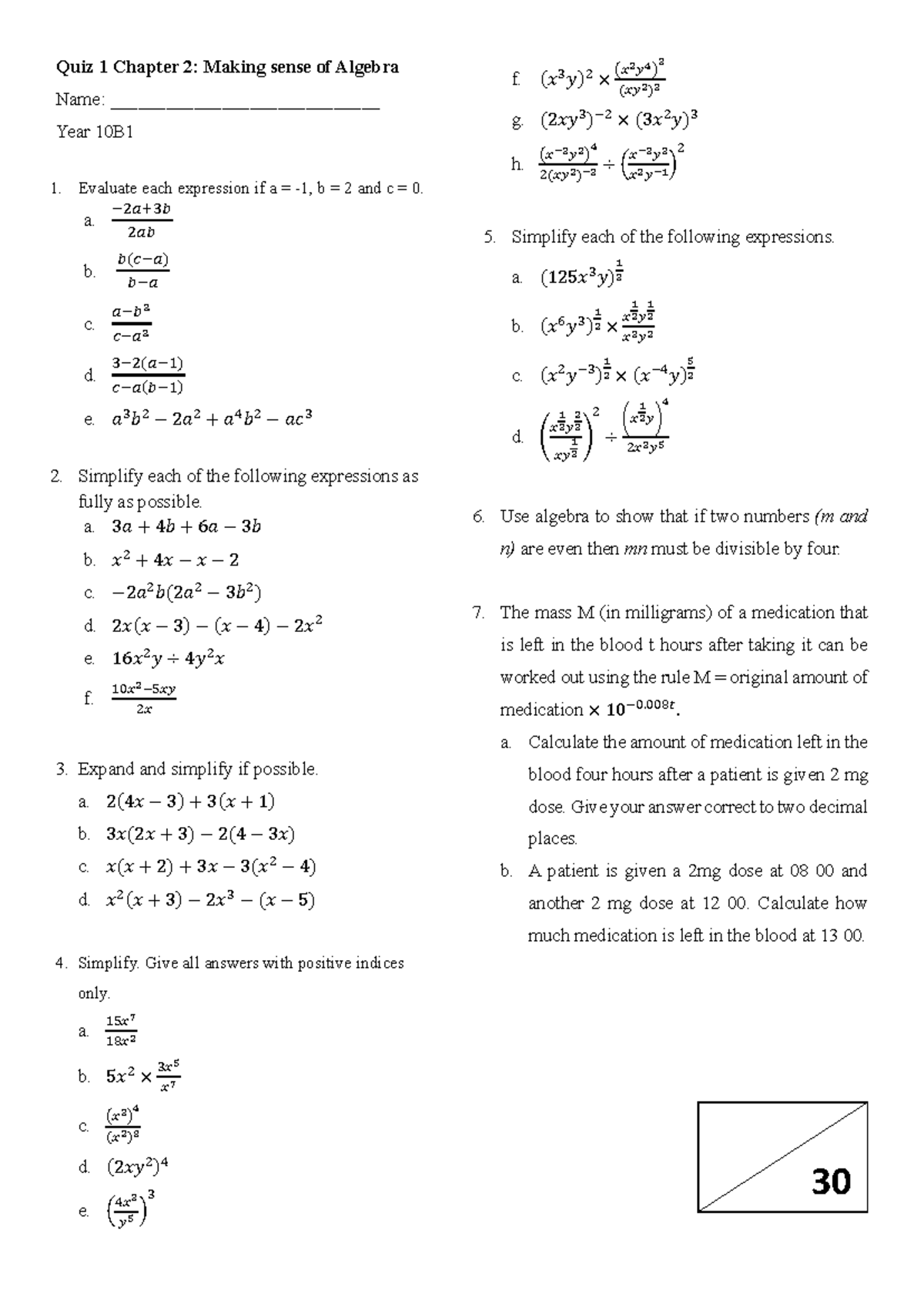 Quiz 1 Chapter 2: Algebra Concepts for Year 10B1 - Studocu