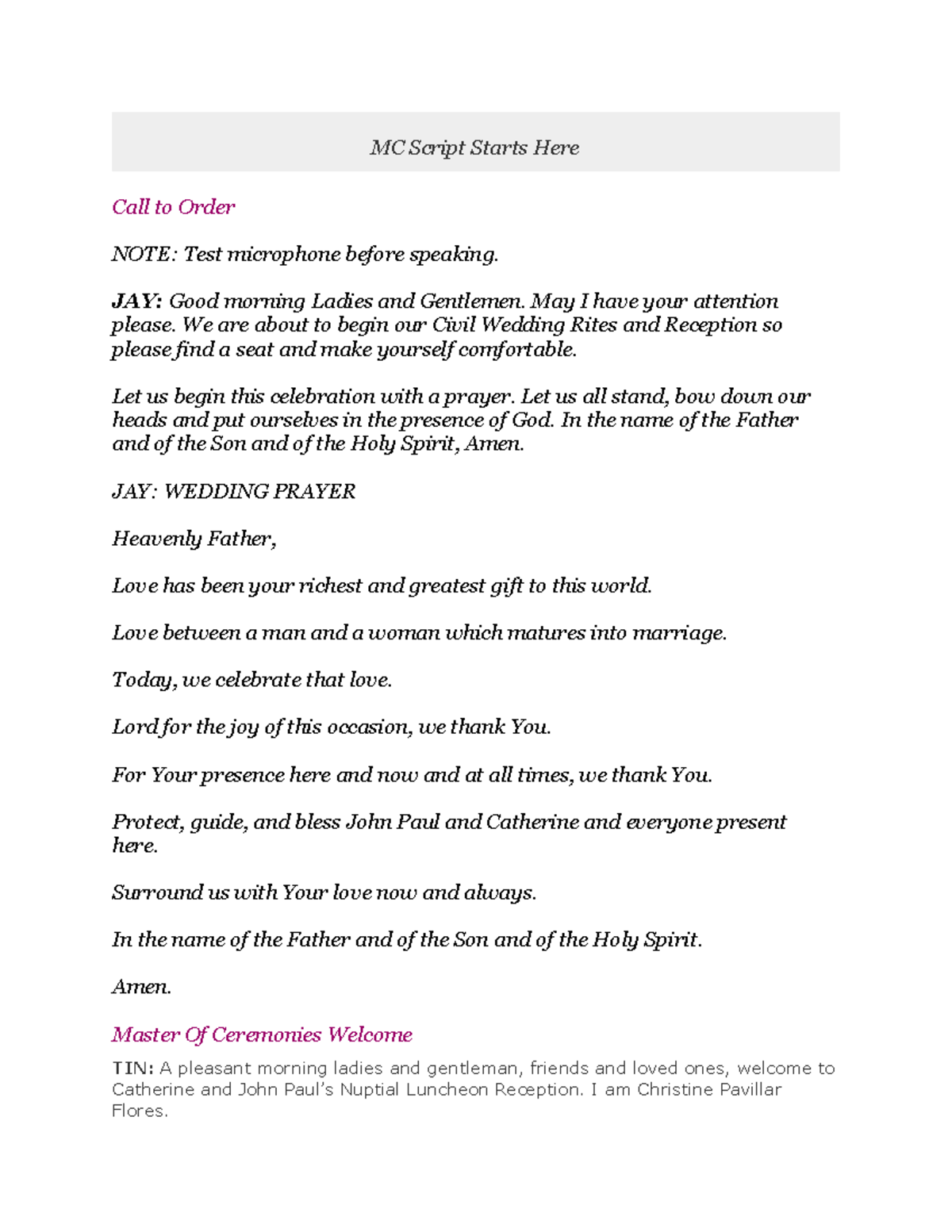 MC Script for JP & Plinkz Wedding Ceremony and Reception - Studocu