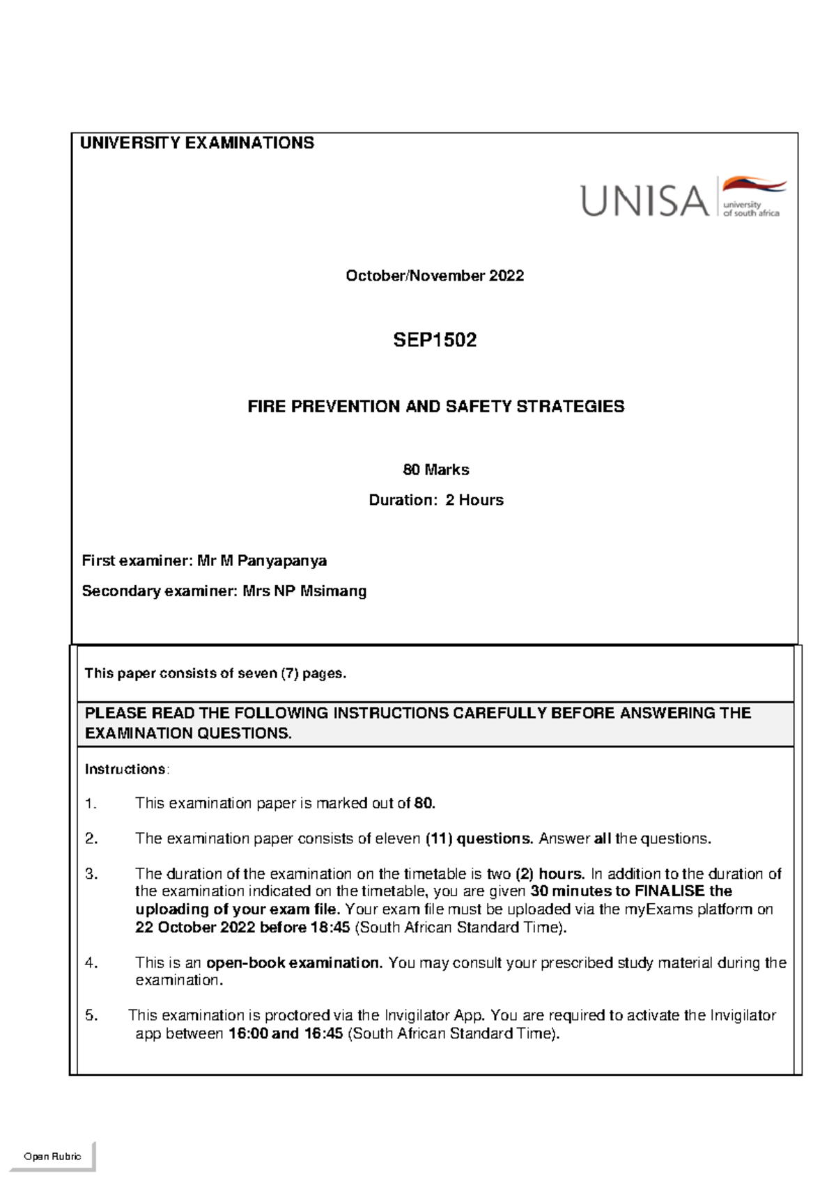 SEP1502 EXAM October/November 2022 QA - Fire Prevention Strategies - Studocu