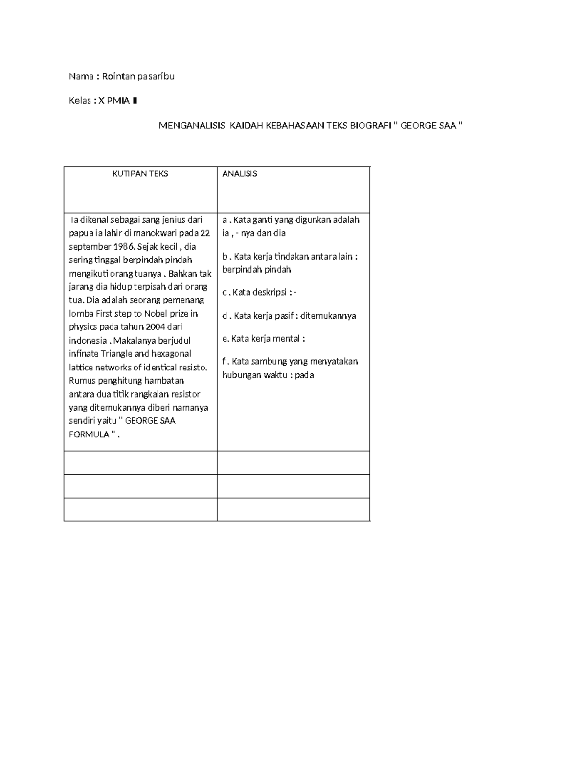 Analisis Kaidah Kebahasaan Teks Biografi George SAA - Kelas X PMIA II ...