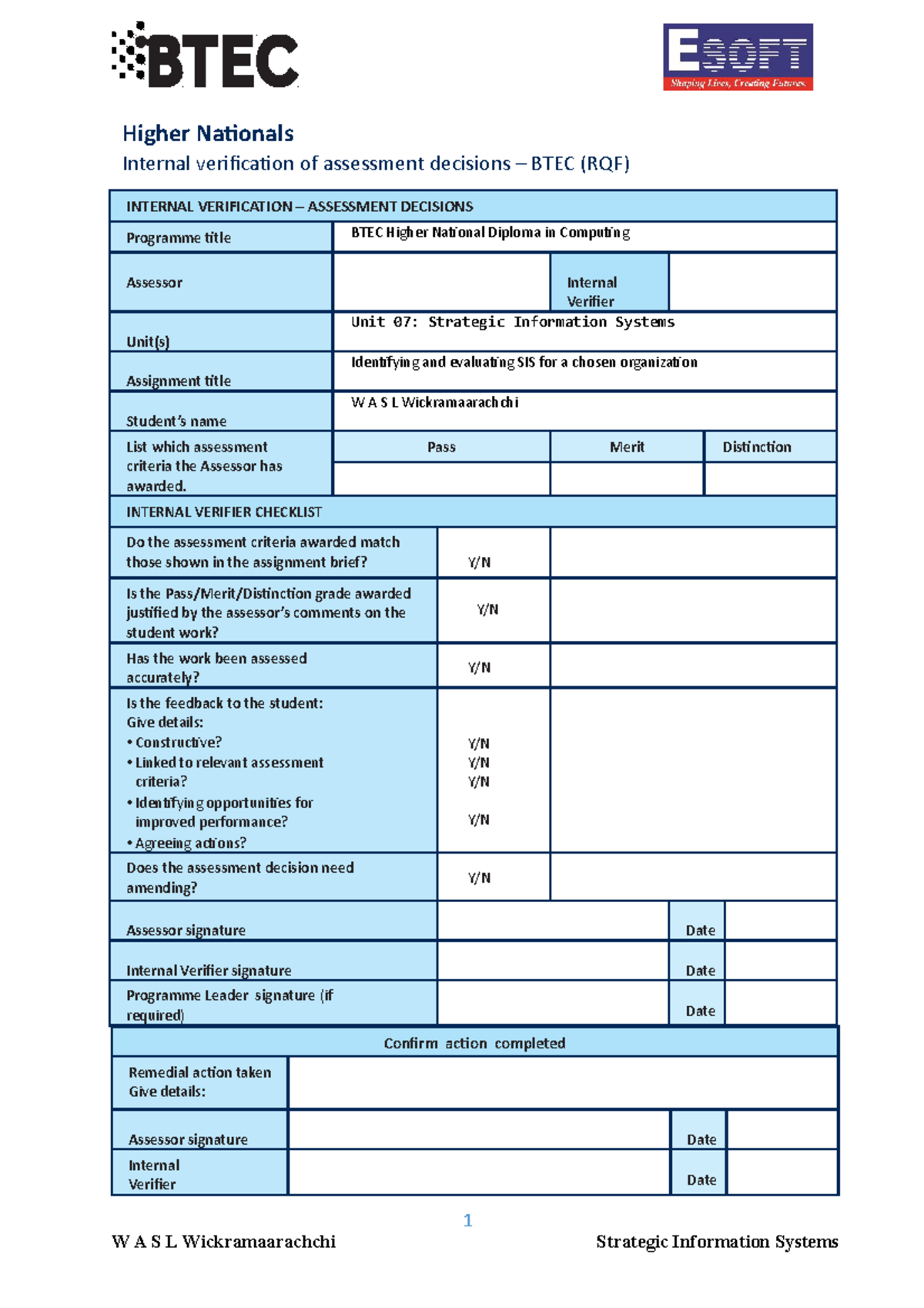 BTEC HND Computing Unit 07: SIS Assignment Evaluation Guide - Studocu