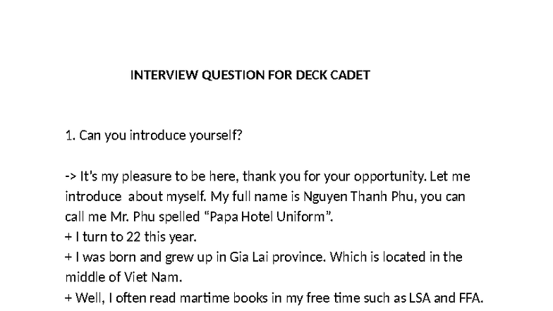 Interview Questions for Deck Cadet (1-11) - Studocu