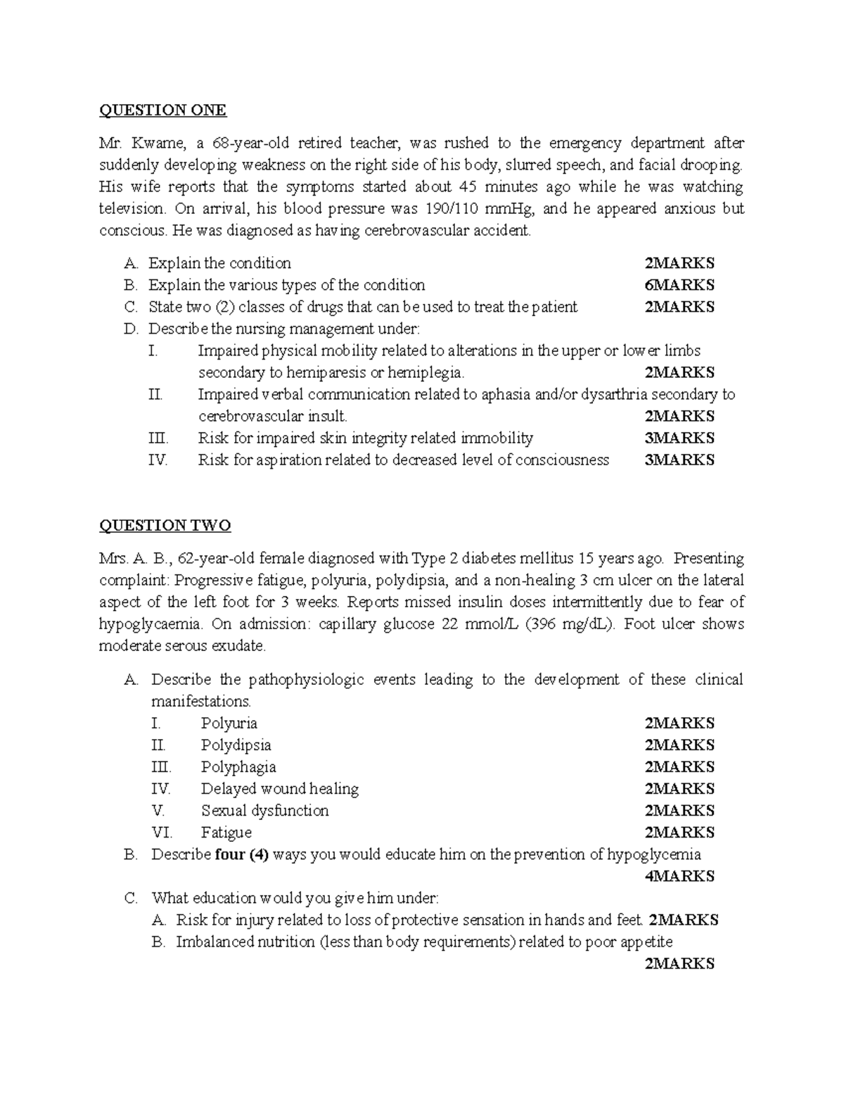 Medical Nursing Sample Essay Questions (NUR 101) - Studocu