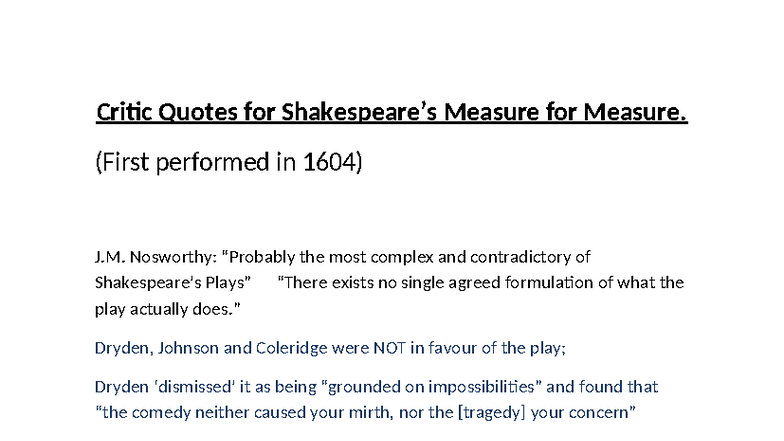 Critic Quotes Analysis for Measure for Measure (1604) - Studocu
