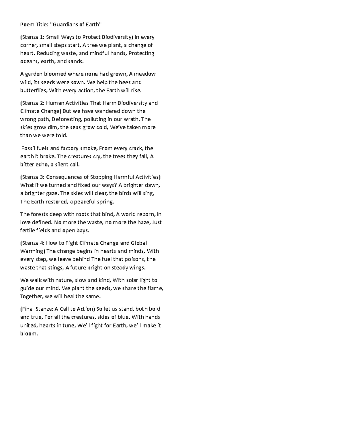 Bookmark - Poem Title: "Guardians of Earth" (Stanza 1: Small Ways to ...