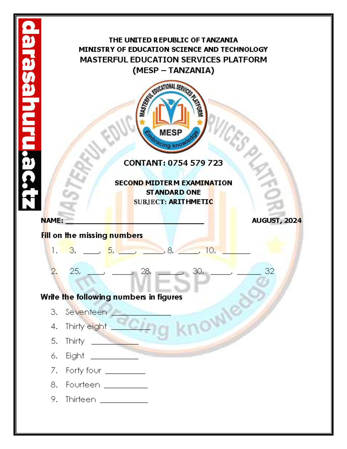 Darasahuru.AC.TZ Arithmetics - THE UNITED REPUBLIC OF TANZANIA MINISTRY ...