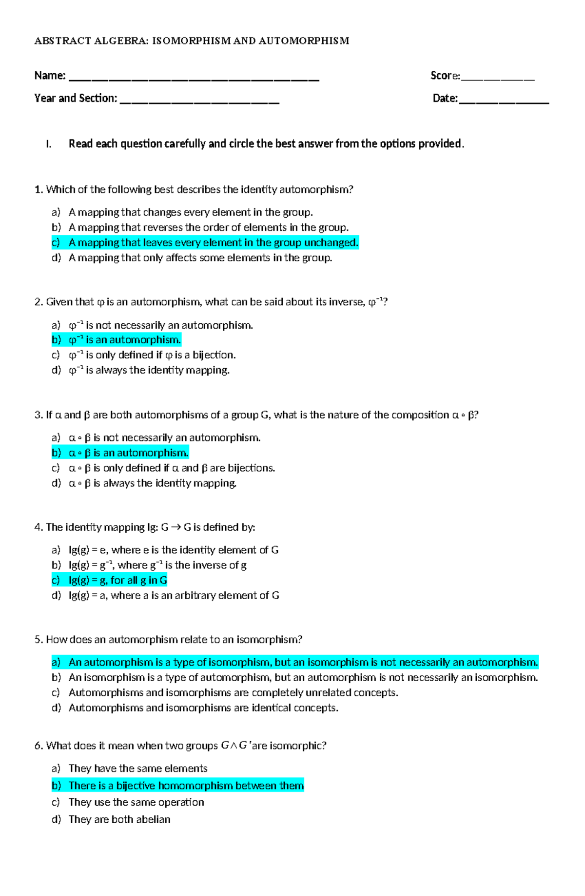 ABSTRACT ALGEBRA: ISOMORPHISM & AUTOMORPHISM MCQ REVIEW - Studocu