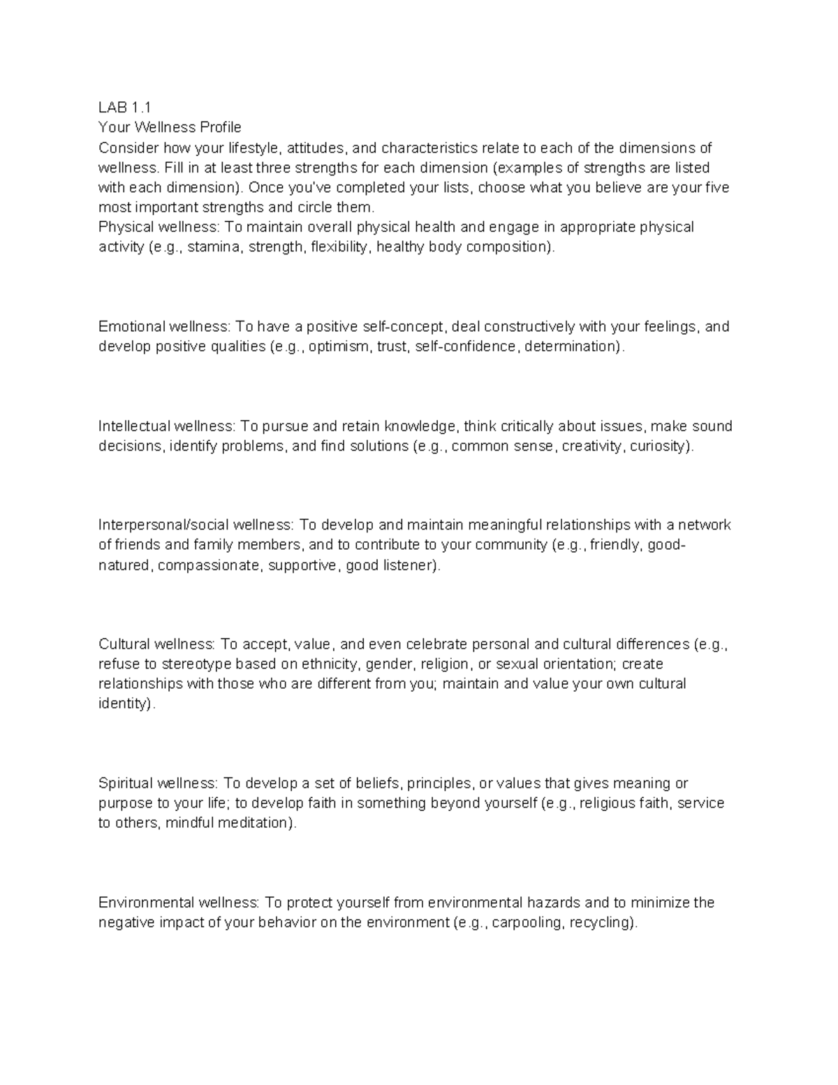 LAB 1.1: Your Wellness Profile and Dimensions of Wellness Assessment ...