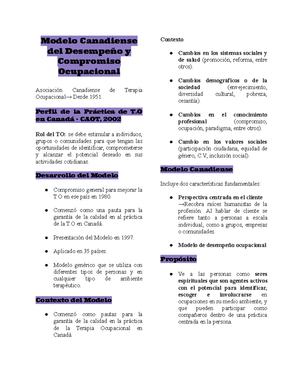 Resumen del Modelo Canadiense de Desempeño Ocupacional - CAOT - Studocu