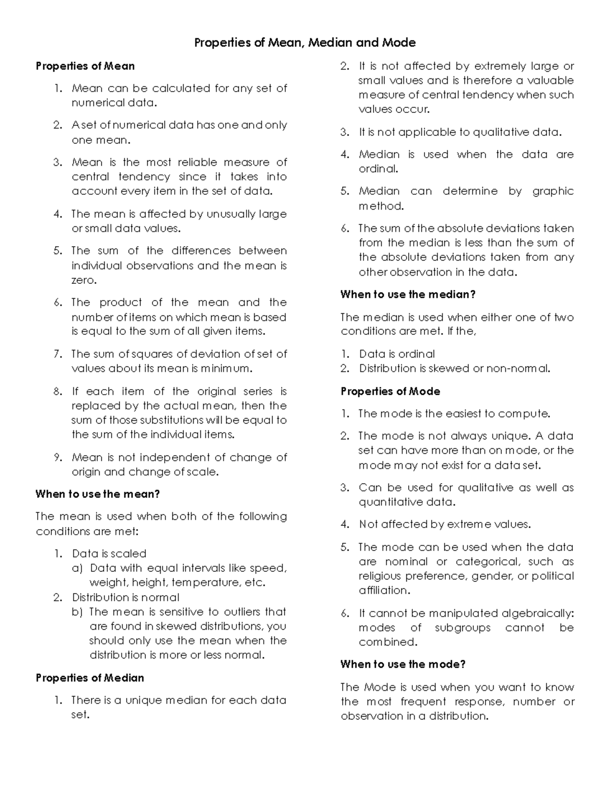 Properties of Mean, Median, and Mode: Key Insights and Usage - Studocu