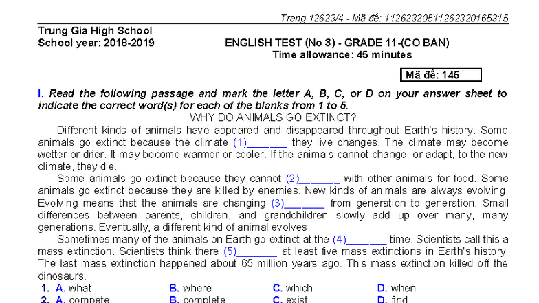 Trung Gia High School - English Test (No 3) - Grade 12 - 45 Min - Studocu