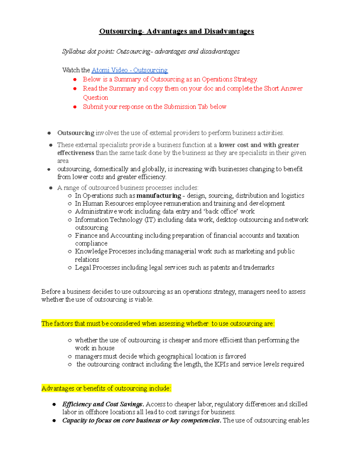 Outsourcing in Business Studies - 2024: Pros and Cons Analysis - Studocu