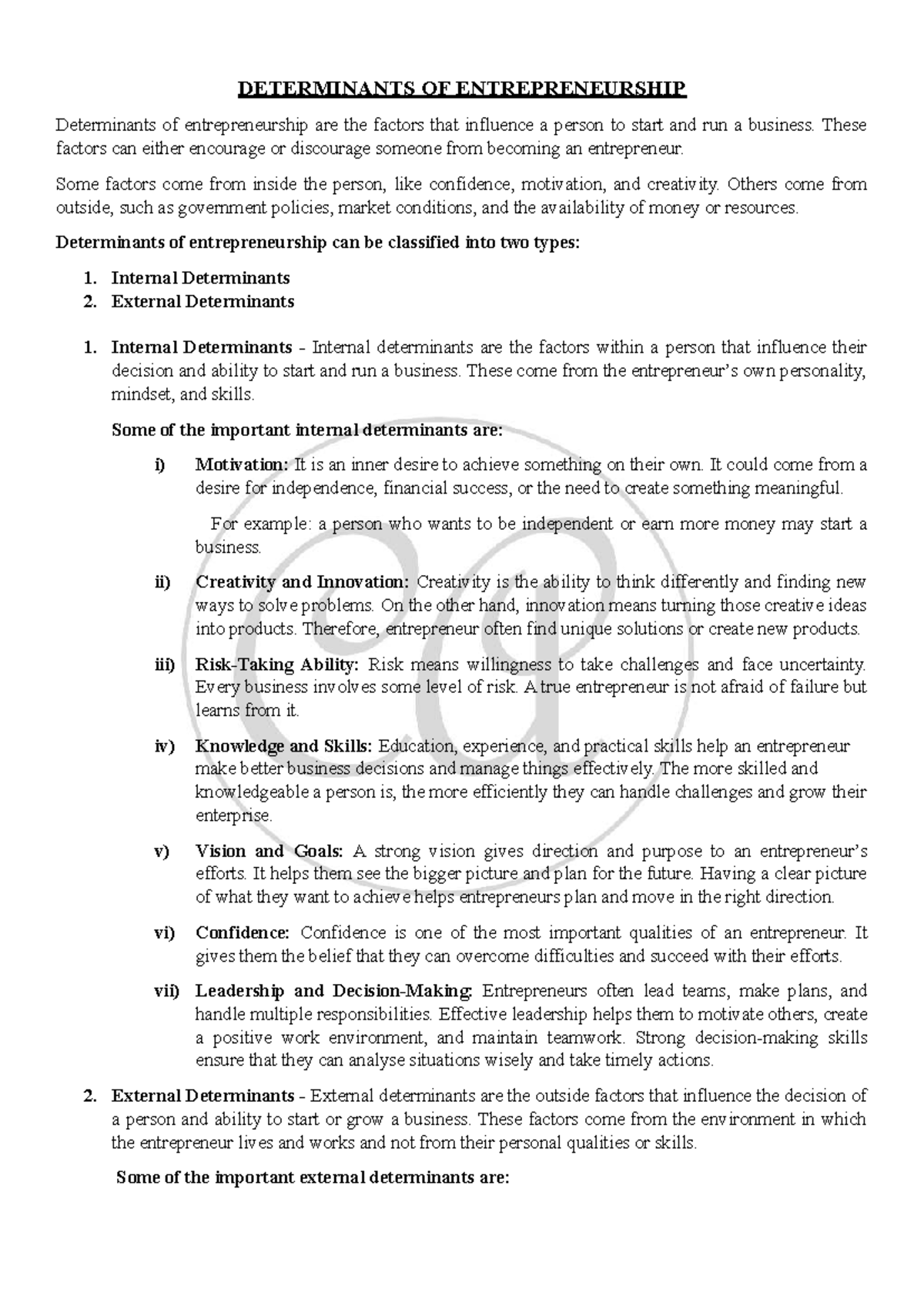 Determinants of Entrepreneurship: Internal & External Factors - Studocu
