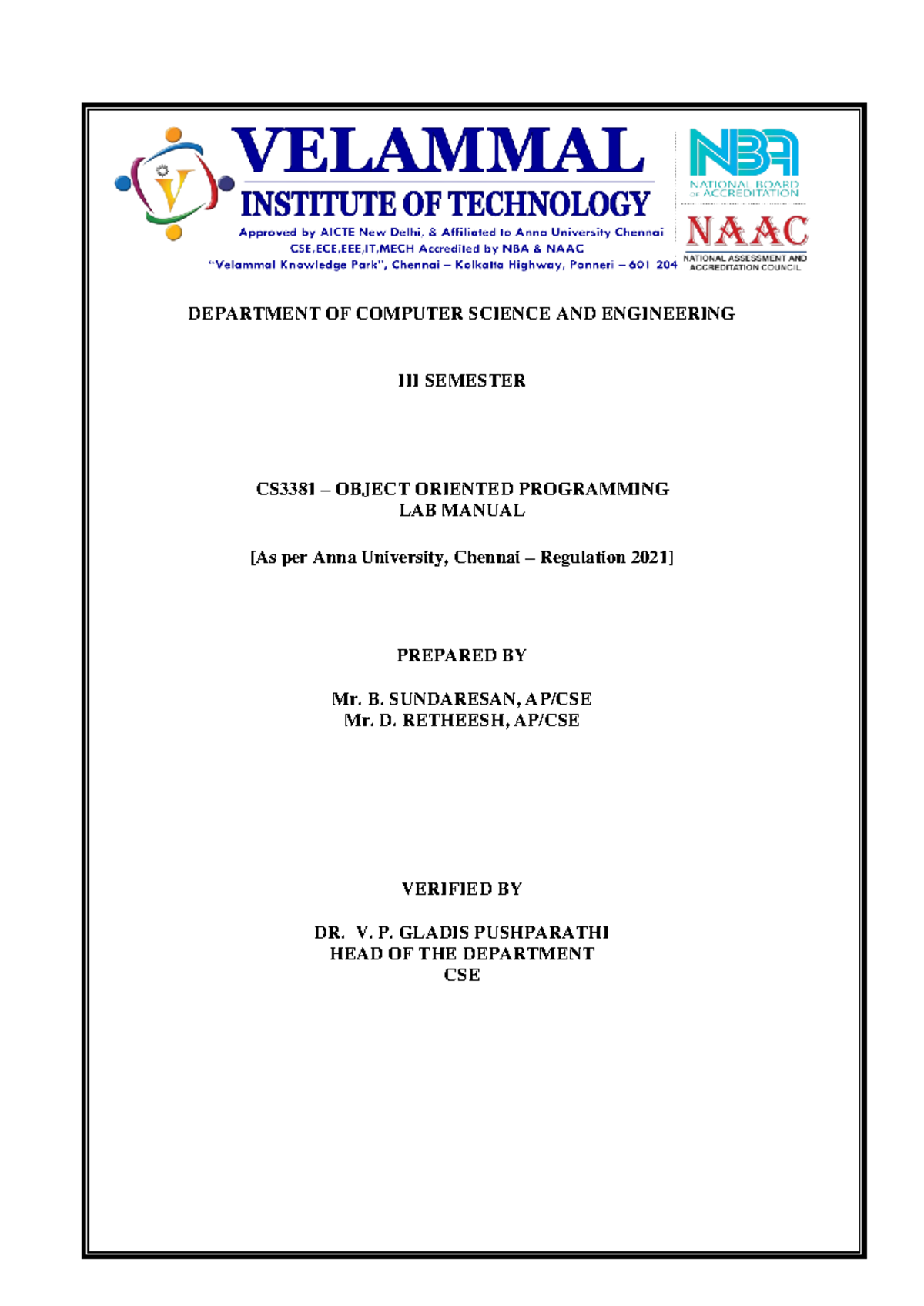 Oop Lab Manual R2021 Department Of Computer Science And Engineering Iii Semester Cs3381