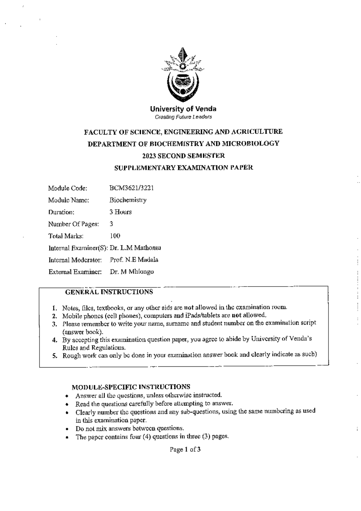 2023 Biochemistry Supplementary Exam Notes - University of Venda - Studocu