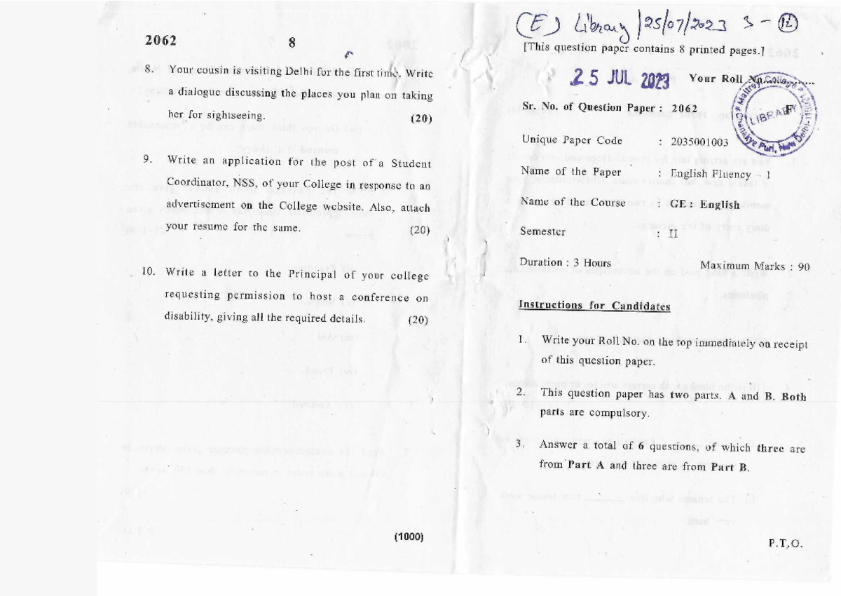 English Fluency 1 GE II: Question Paper & Application Writing Guide ...