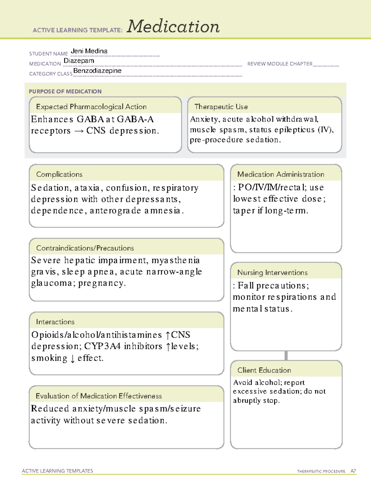 ACTIVE LEARNING TEMPLATE: Diazepam Drug Card Review Module - Studocu
