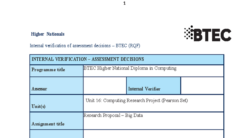 BTEC HND Computing Unit 16: Research Project Proposal & Feedback - Studocu